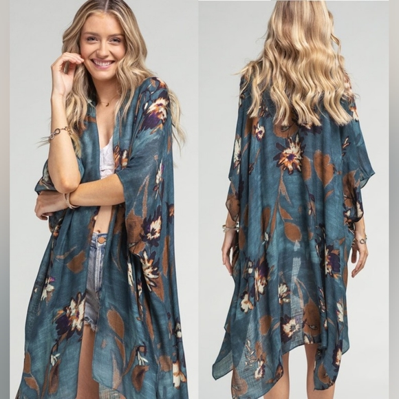 ruggine | Kimonos & Yukatas | Bohemian Blue Floral Print Kimono W Side ...